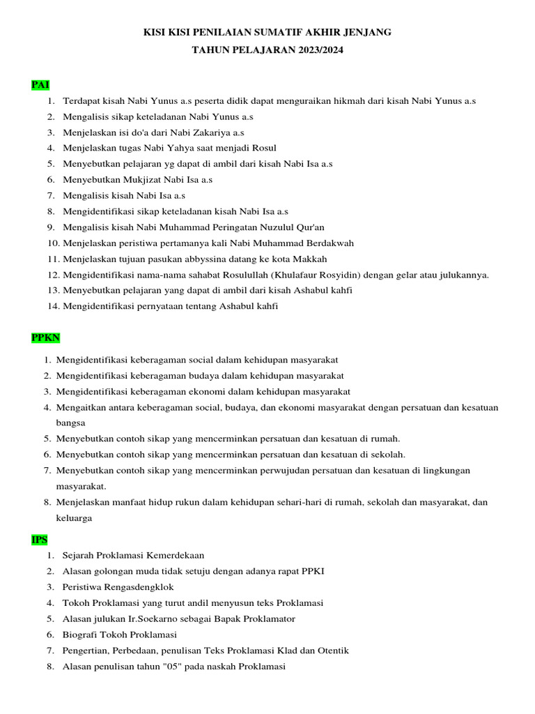 Kisi Kisi Penilaian Sumatif Akhir Jenjang 2024 | PDF