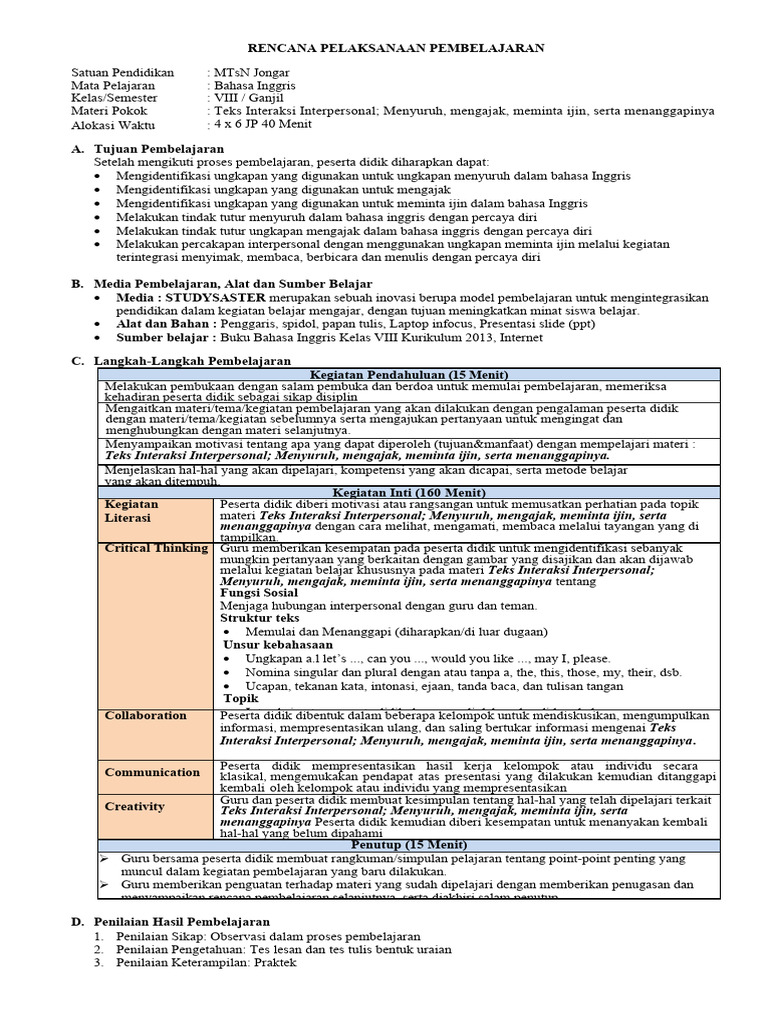 RPP 1 Lembar B.Ing Kelas 8 K13 | PDF