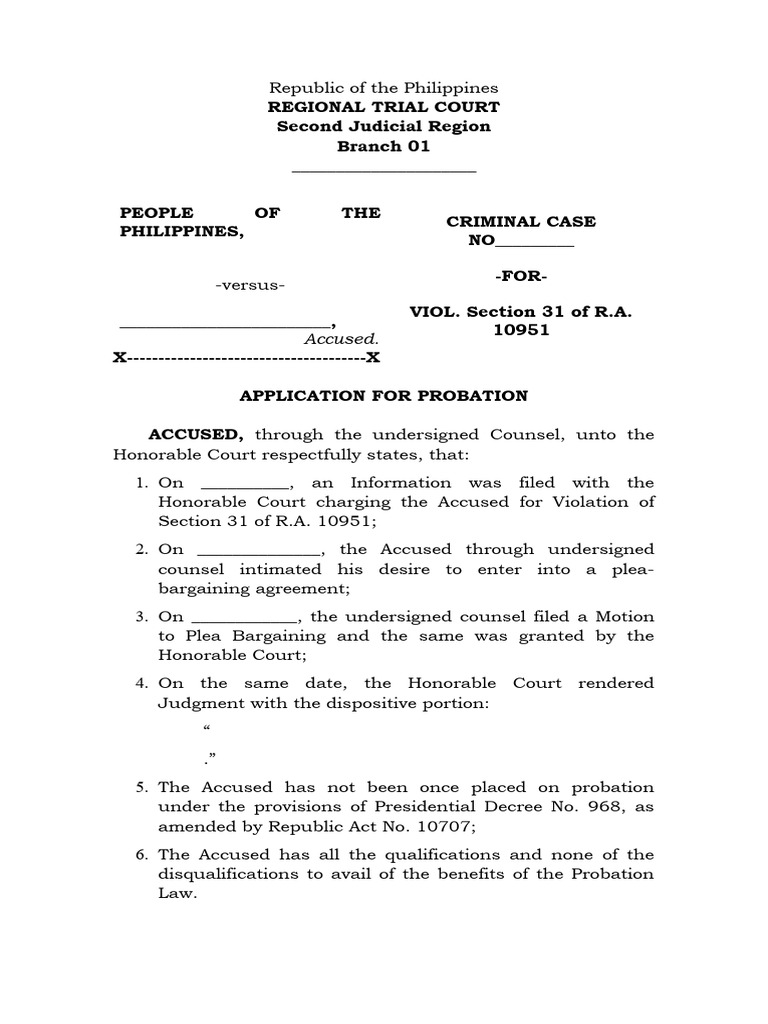 Application For Probation - Sample | PDF | Probation | Plea Bargain