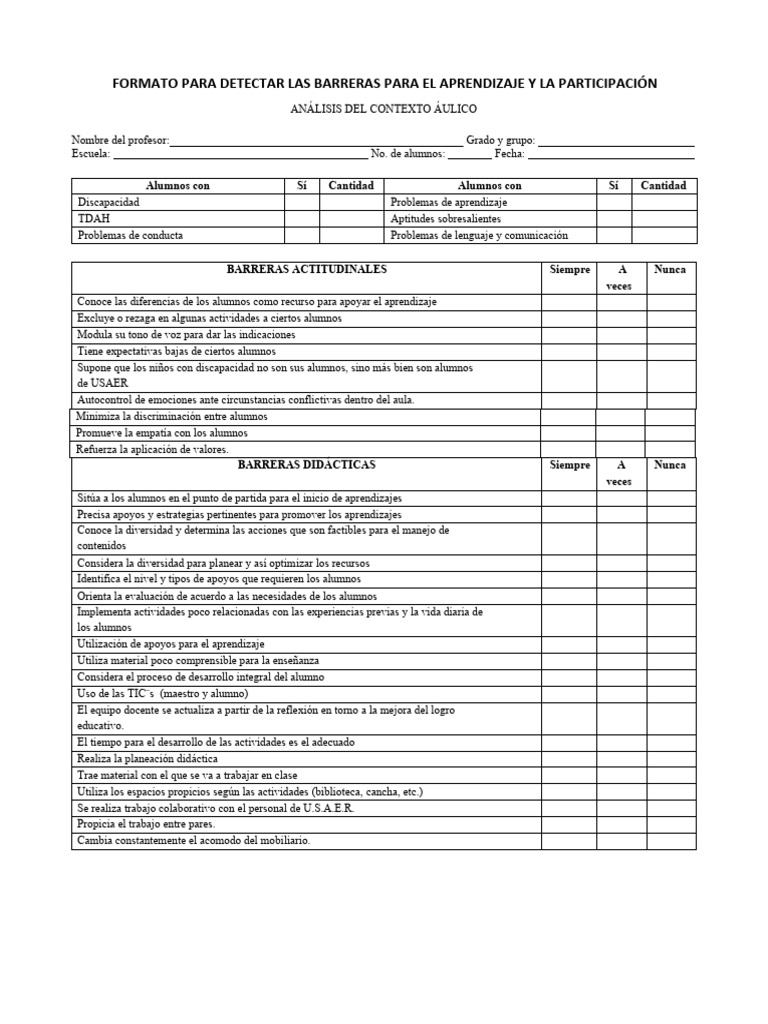 Formato Para Detectar Las Bap-2 | PDF | Aprendizaje | Salón de clases