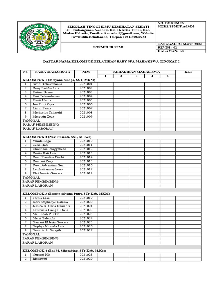 Daftar Hadir MHS TK 2 Baby Spa | PDF | Pengembangan Diri