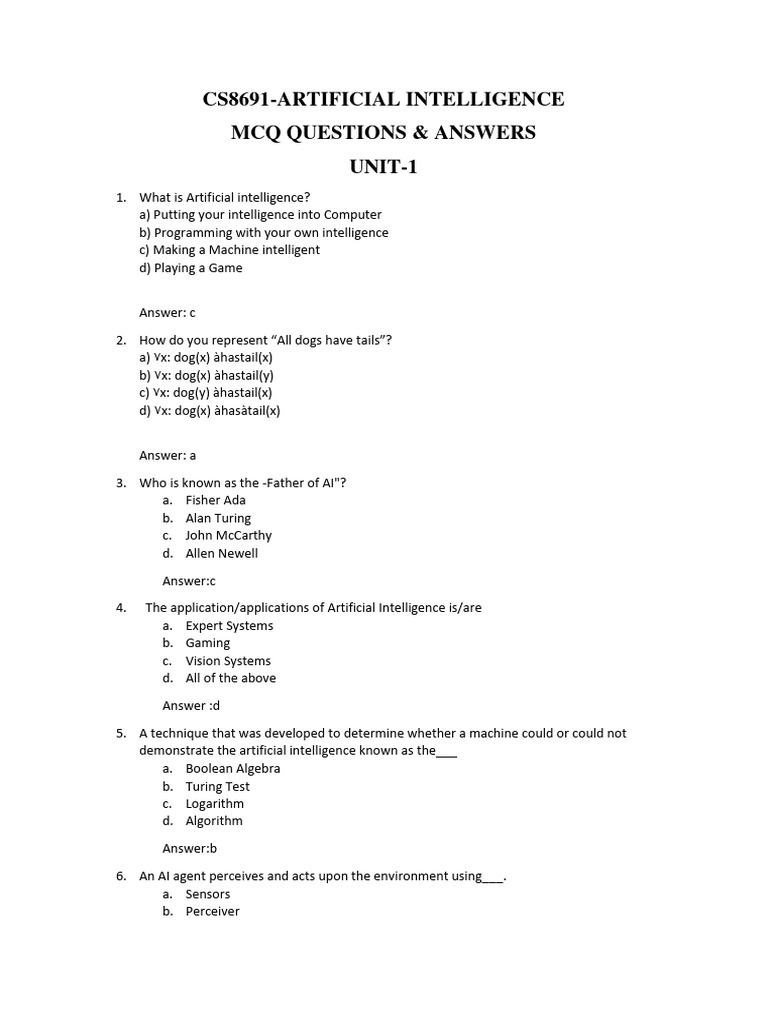 AI MCQs: Questions & Answers Guide | PDF | First Order Logic ...