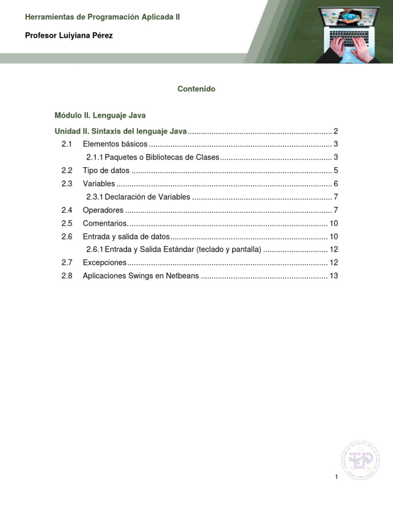 Modulo II-unidad II - Sintaxis Del Lenguaje Java | PDF | Java (lenguaje de programación ...