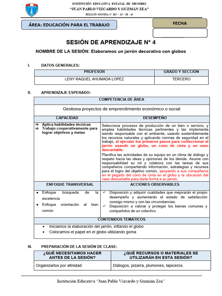 Sesion de Aprendizaje 4 - Tercero 2024 - I Bimestre | PDF | Aprendizaje | Iniciativa empresarial