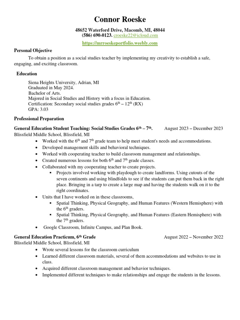 Cover Letter Resume Connor Roeske 1 | PDF | Teachers | Learning