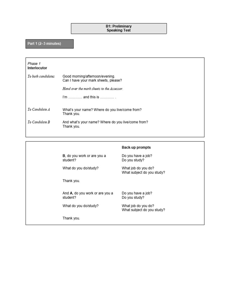 B1 Preliminary 2020 Sample Tests Speaking - Question Pape | PDF | Self ...
