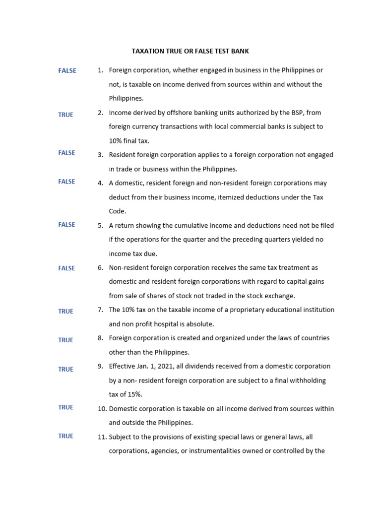TAXATION TRUE OR FALSE TEST BANK - Corporations | PDF | Taxes | Income Tax