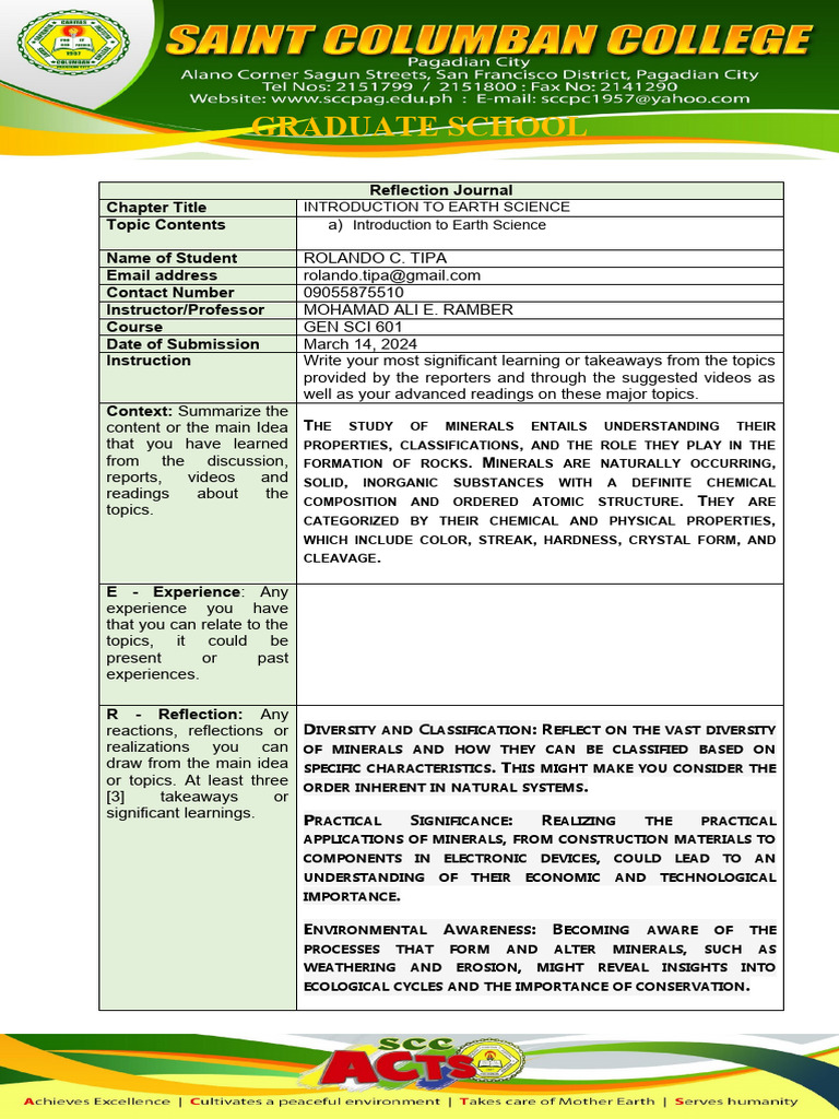 Earth Science Reflection on Minerals | PDF | Minerals | Chemical Substances