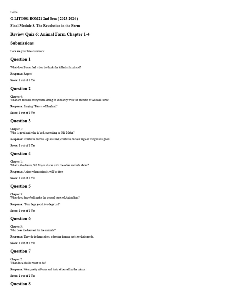 Submissions G LITT001 BOM21 2nd Sem 2023 2024 Review Quiz 6 - Animal Farm Chapter 1 4 DLSU D ...