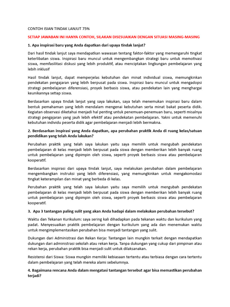Contoh Isian Tindak Lanjut 75 | PDF