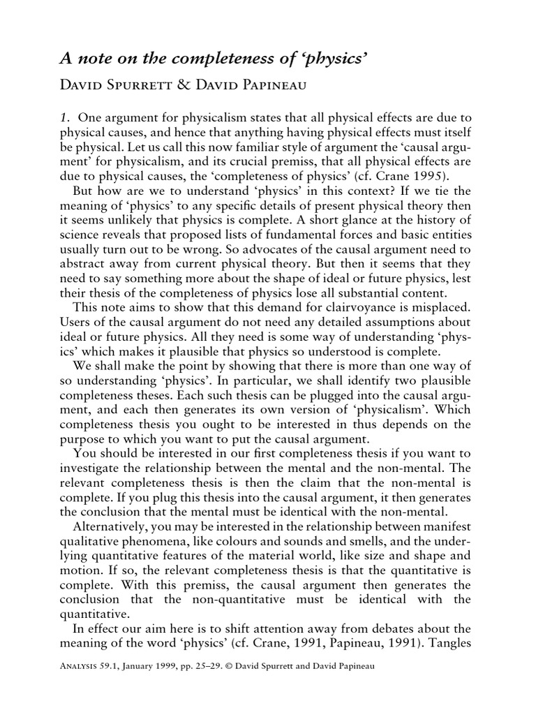 Analysis 1999 Spurrett 25 9 | PDF | Causality | Mind