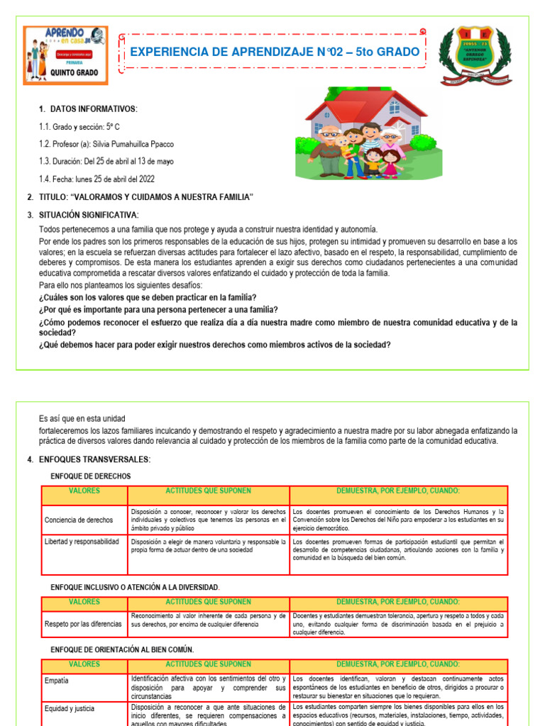 5° Grado - Experiencia de Aprendizaje N°02 | PDF | Números | División (Matemáticas)