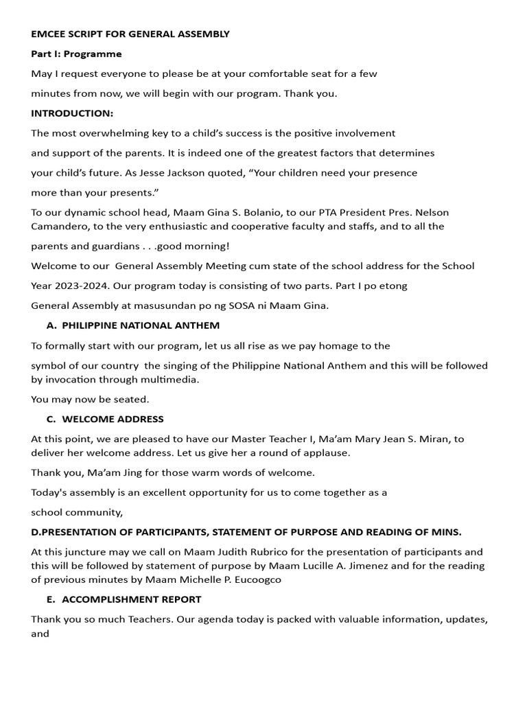 Emcee Script For General Assembly | PDF