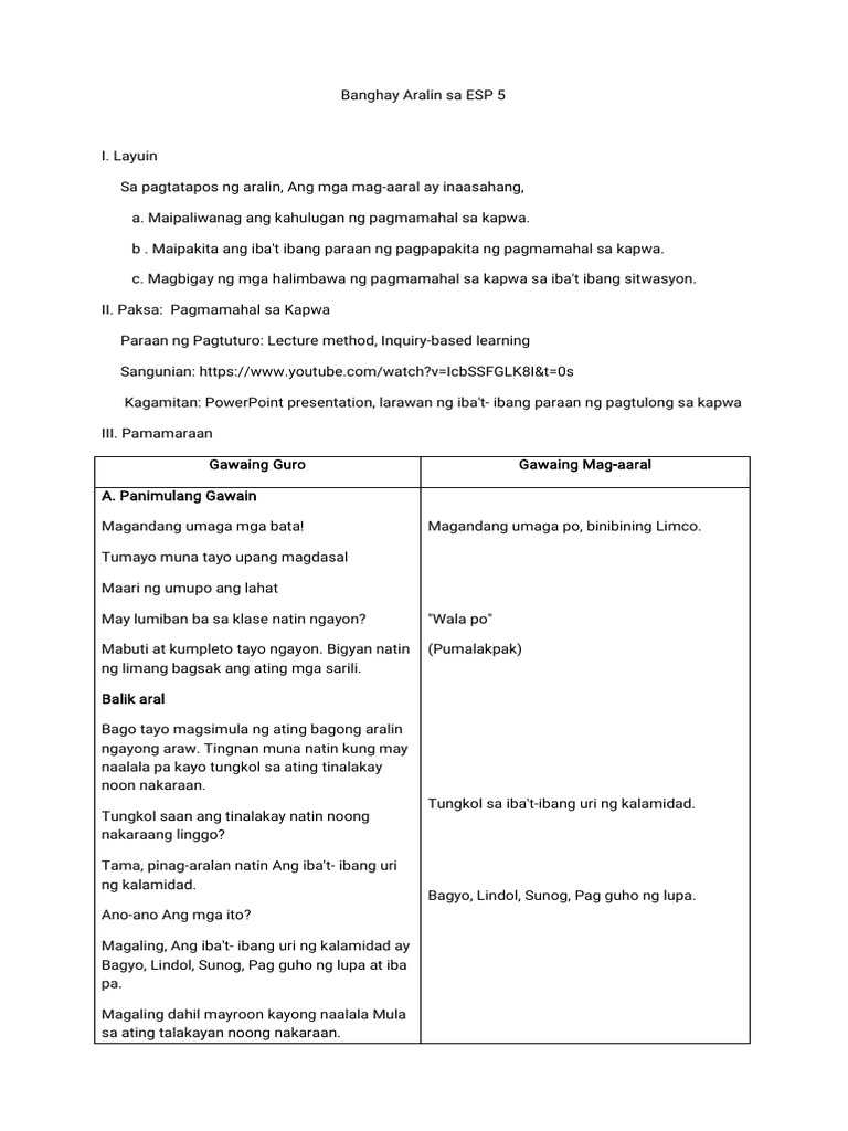 Banghay Aralin Sa Esp 5 | PDF