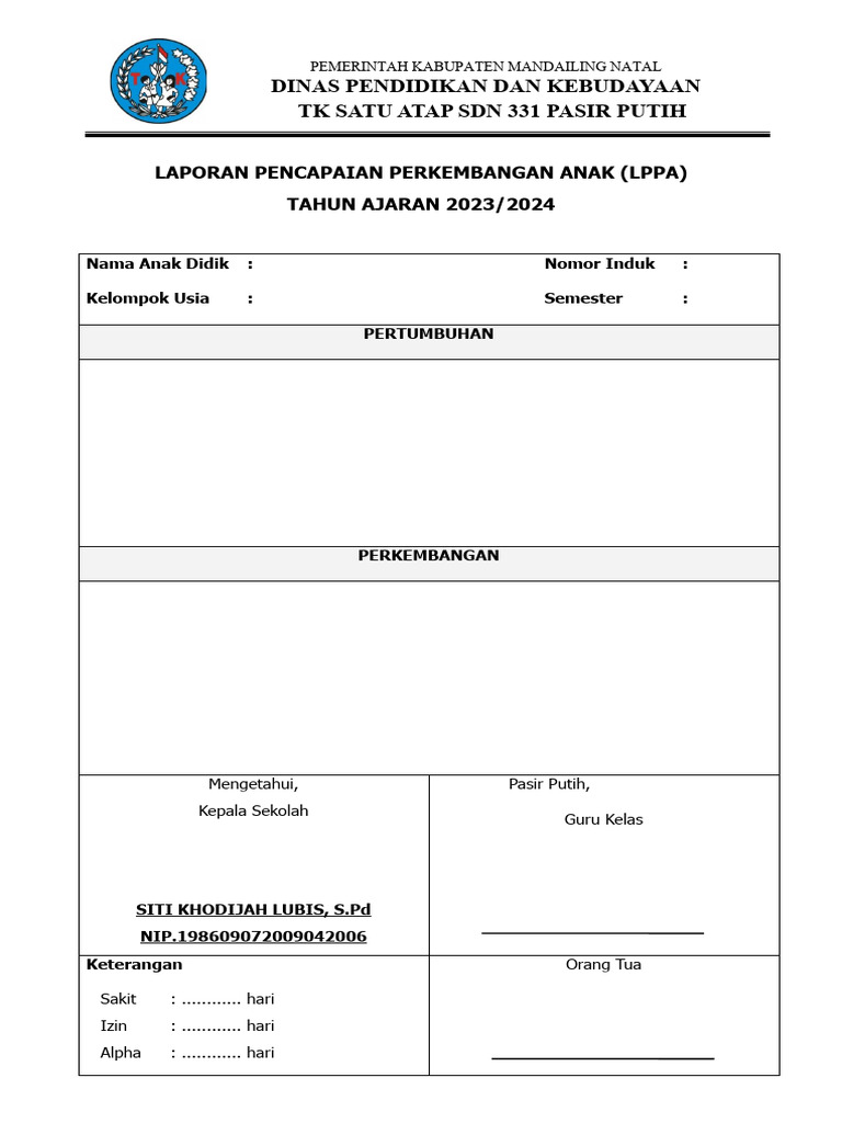 Format Lppa Paud Laporan Perkembangan Anak | PDF