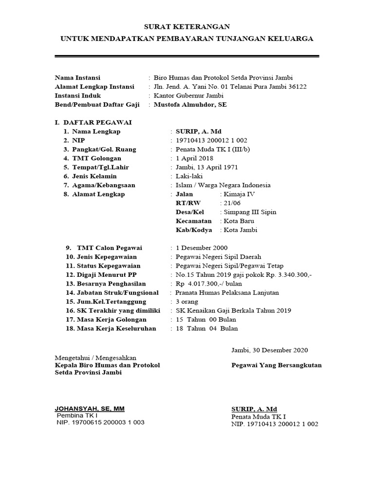 Surat Keterangan Tunjangan Keluarga | PDF