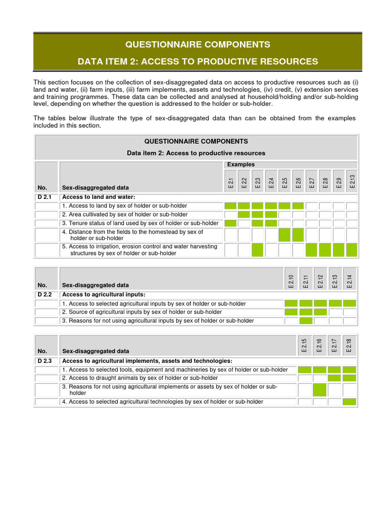 Questionnaire Components Data Item 2: Access To Productive Resources ...