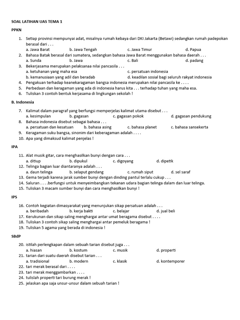 Kisi Kisi Dan Soal Tema 1 Tahun 20182019 | PDF