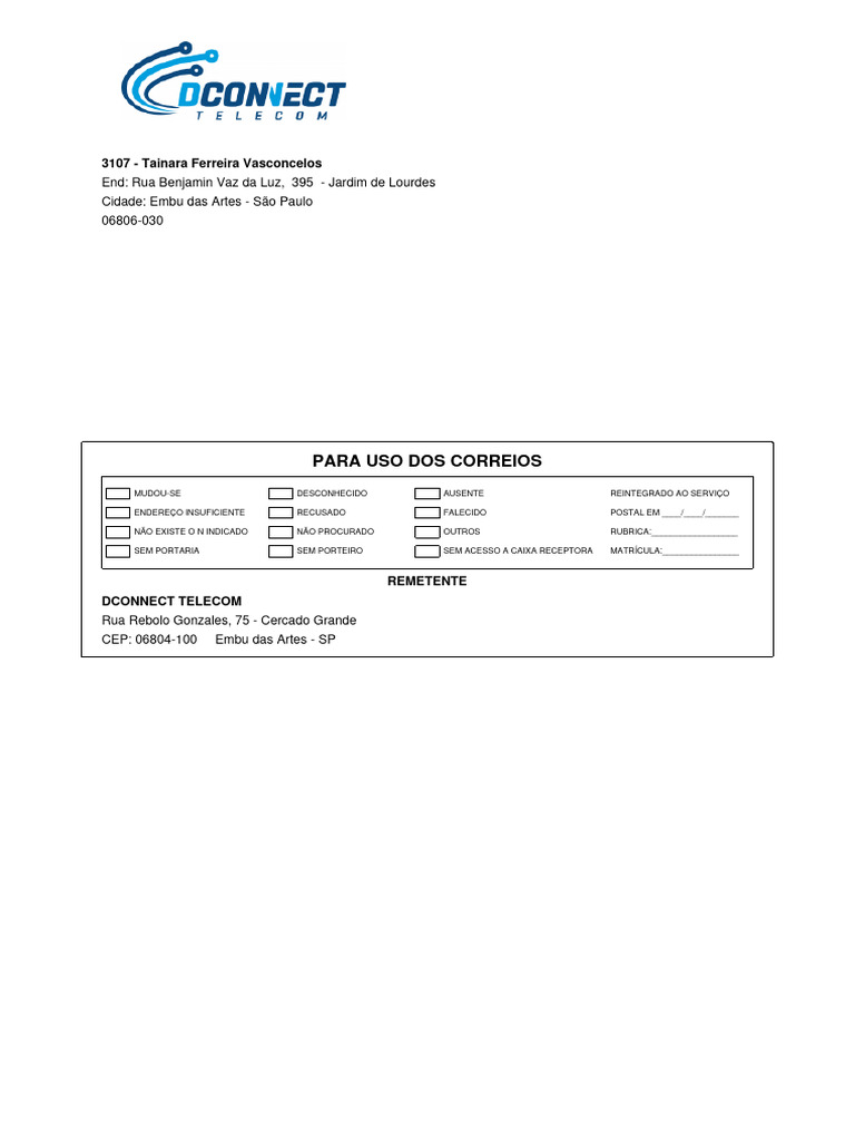 Fatura DCONNECT Telecom - Tainara Vasconcelos | PDF | Bancos | Dinheiro