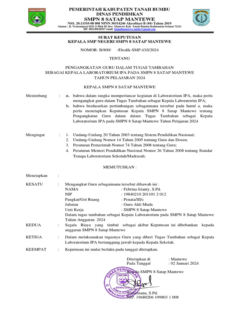 SK Kepala Laboratorium Terbaru | PDF