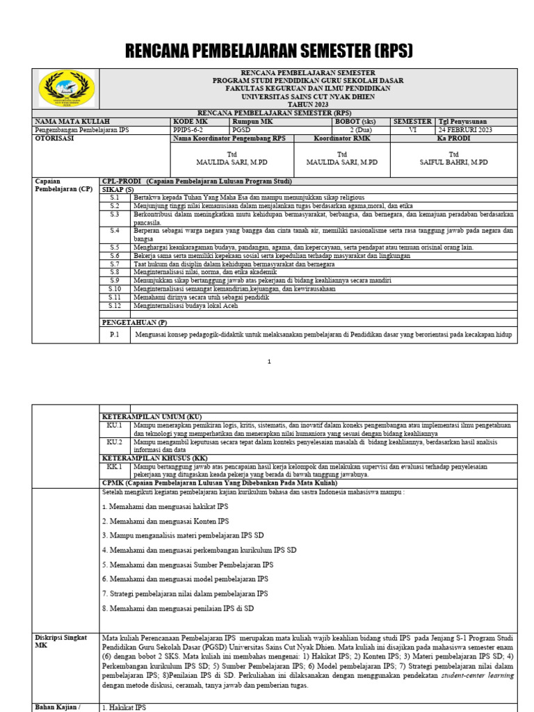 RPS Pengembangan Pembelajaran IPS | PDF