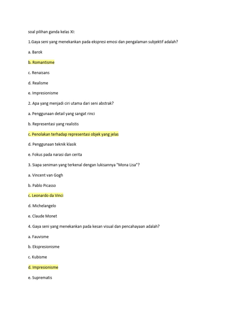 Soal Pilihan Ganda Seni Budaya Kelas XI | PDF