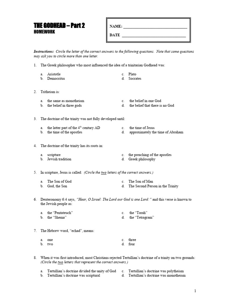 Lesson15 - The Godhead Part2 Homework | PDF | Trinity | Oneness ...