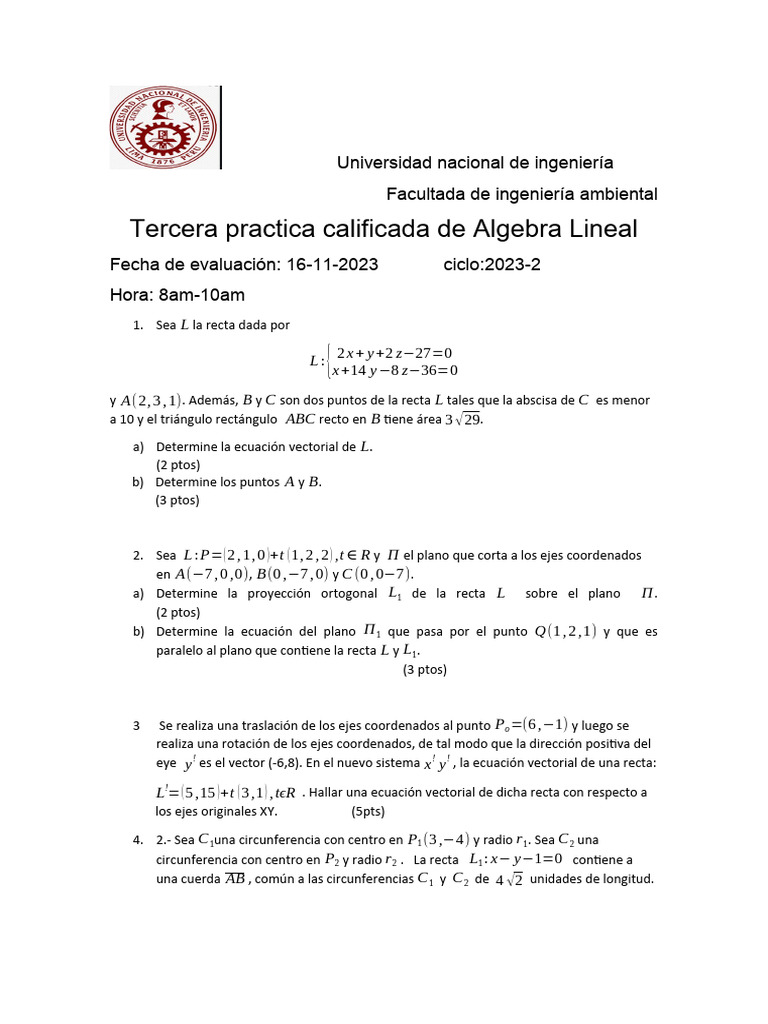 pc3 de Algebra Lineal 2023-2 | PDF