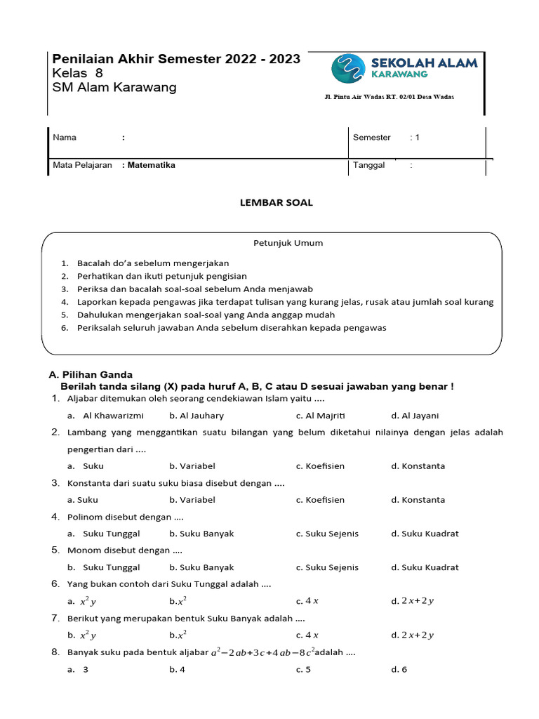 Soal Pas MTK 8 | PDF
