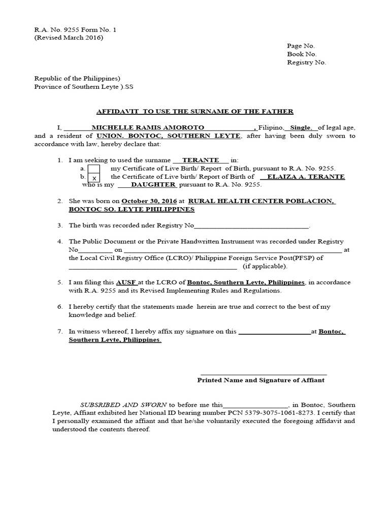 Affidavit To Use The Surname of Father Amoroto | PDF