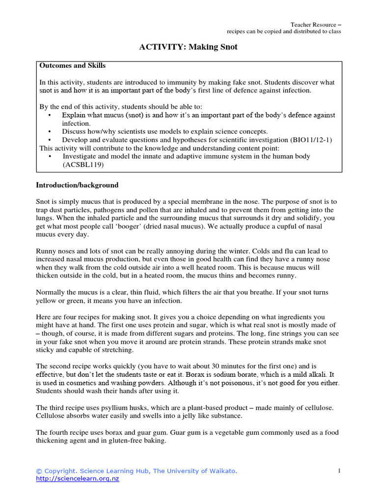 Making Snot Worksheet | PDF | Mucus