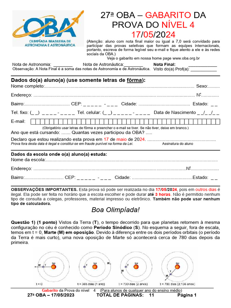 Gabarito da Prova OBA Nível 4 - 2024 | PDF | Estrelas | Órbita