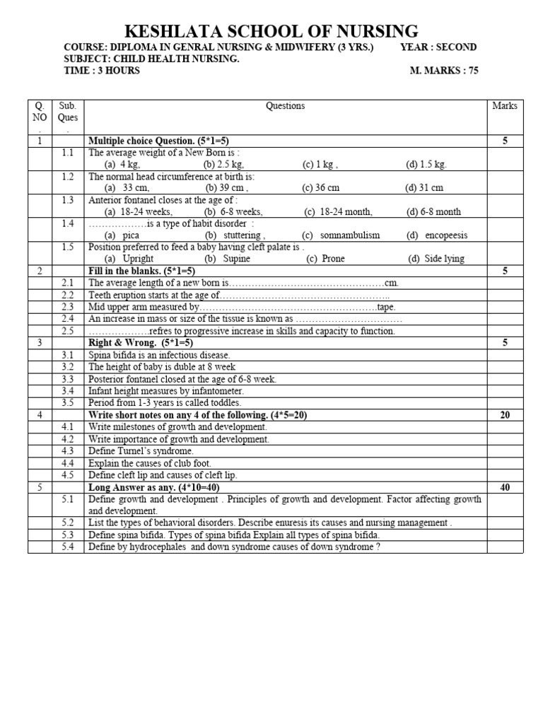 Child Health Nursing Exam Guide | PDF | Diseases And Disorders ...