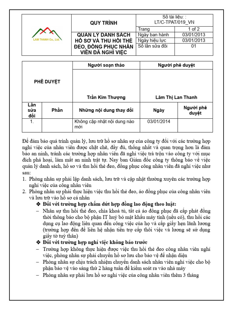 18 - Quy Trinh Thu Hoi The Deo Dong Phuc Cong Nhan Nghi Viec | PDF