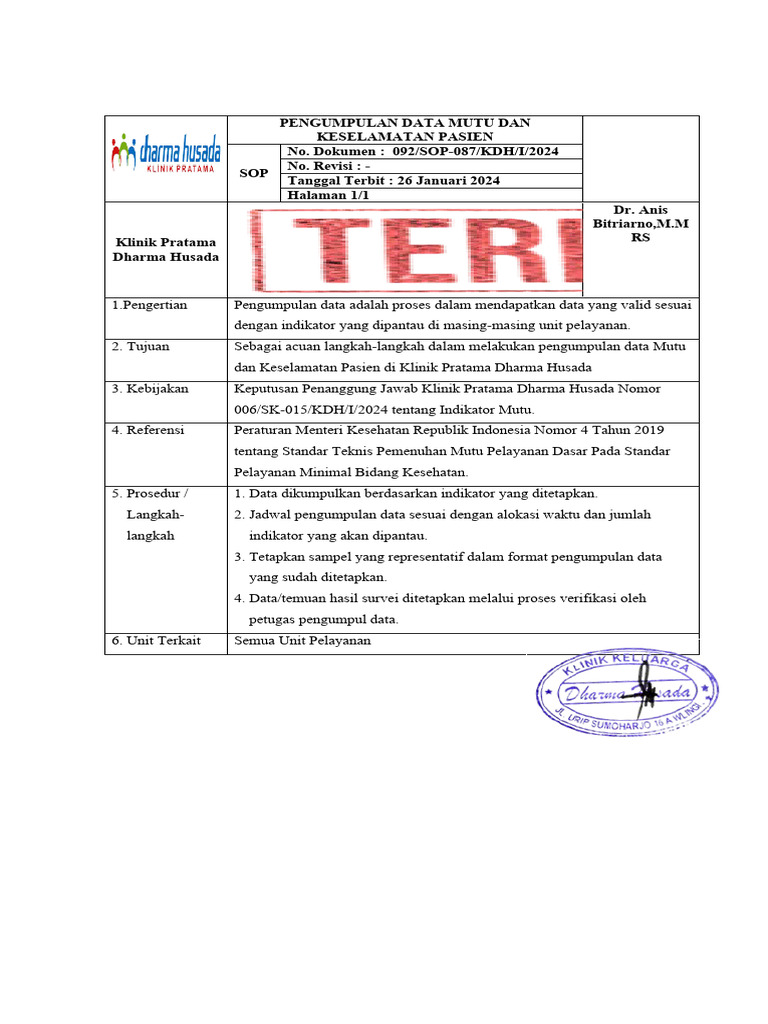 SOP Data Mutu & Keselamatan Pasien | PDF | Bisnis