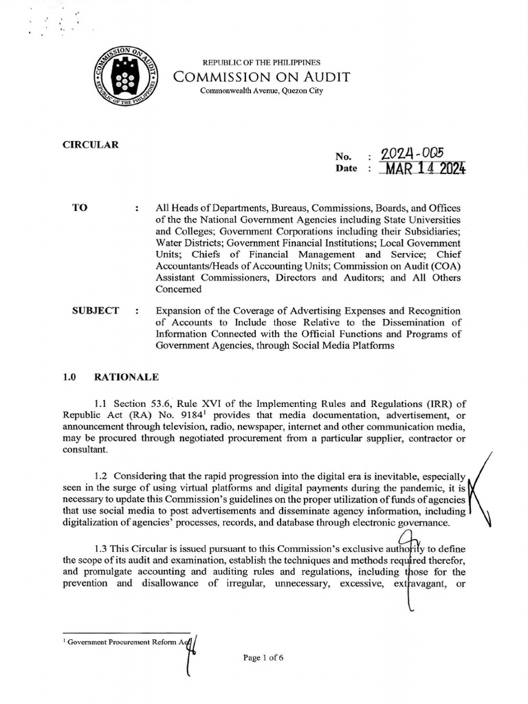 COA CIRCULAR NO. 2024 005 March 14 2024 (Expansion of Adv Coverage) | PDF