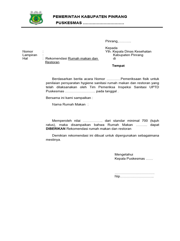 Surat Rekomendasi Laik Higiene Sanitasi RM Dan Resto | PDF