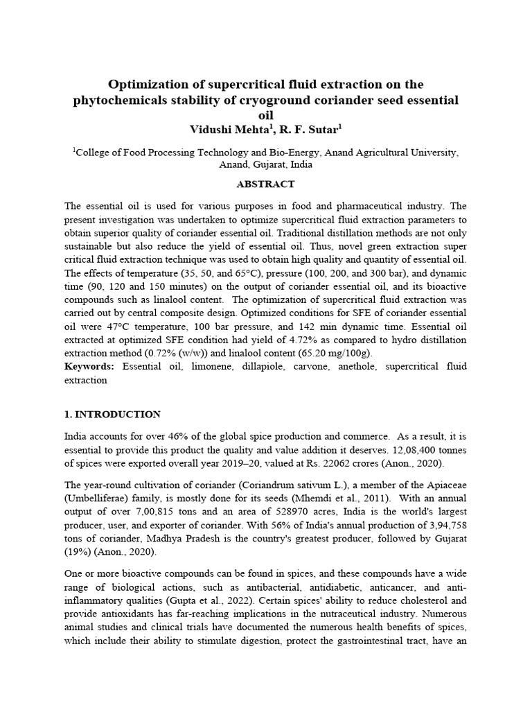 Optimization of Supercritical Fluid Extraction On The Phytochemicals Stability of Cryoground ...