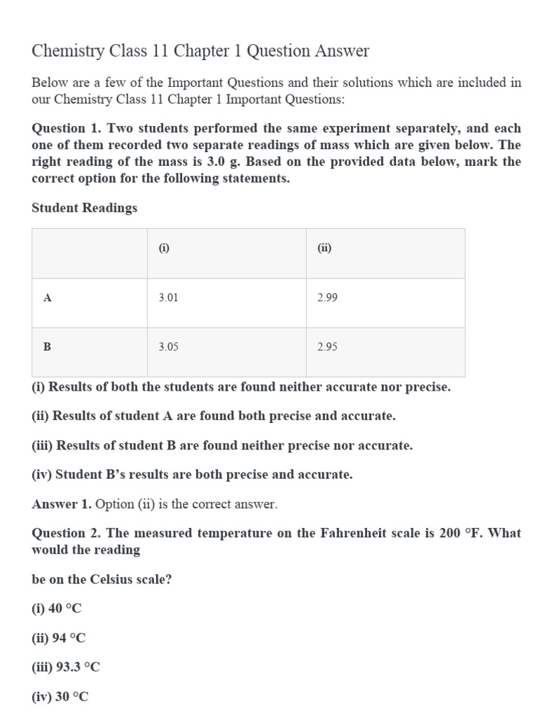 Chemistry Class 11 Chapter 1 Question Answer | Download Free PDF | Mole (Unit) | Molecules