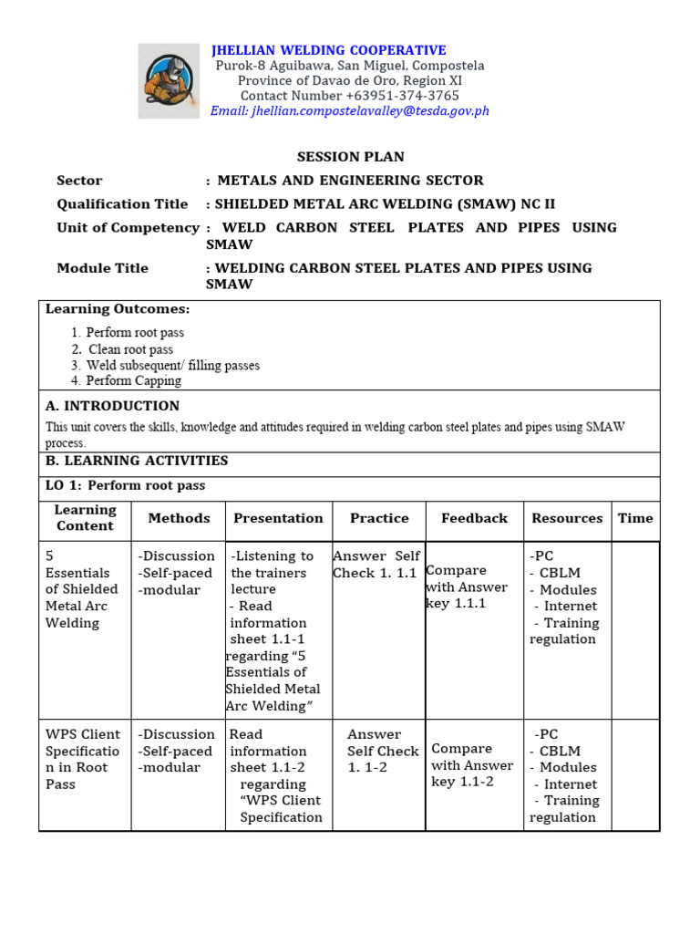 SMAW NC II Training Session Plan | PDF | Welding | Construction