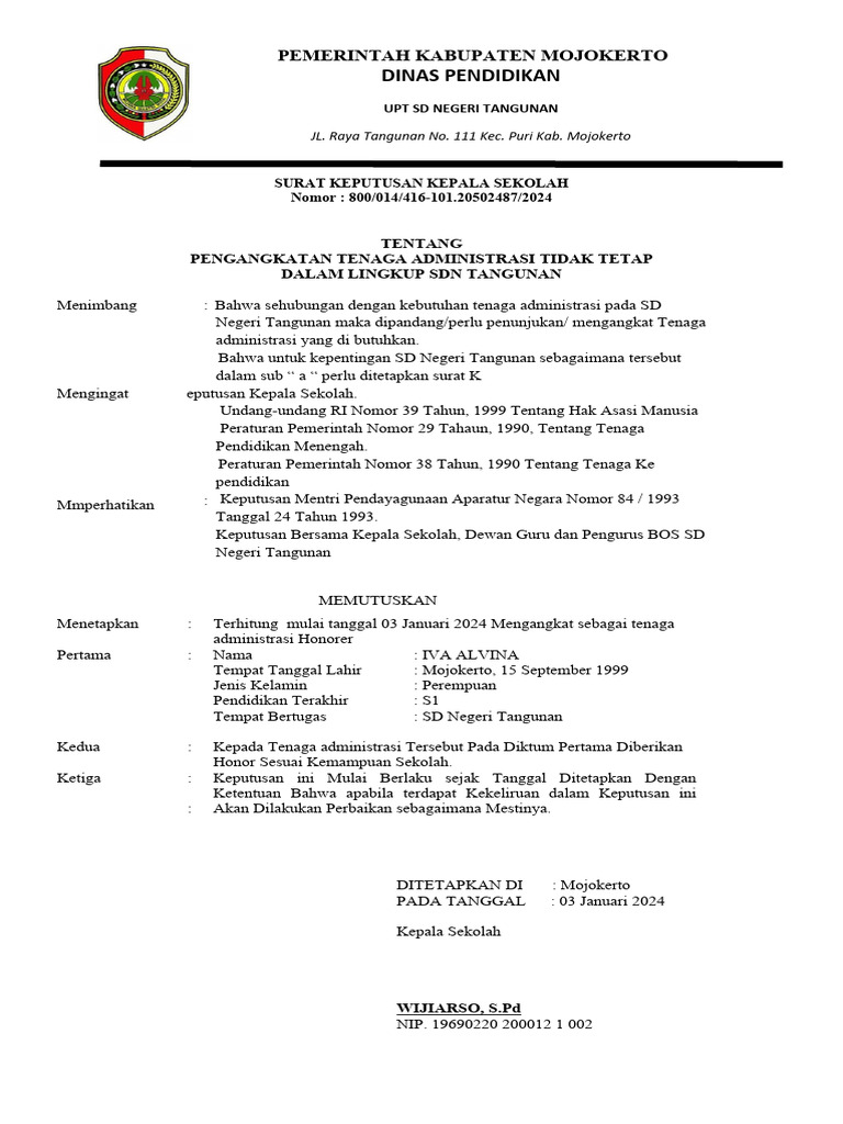 Pengangkatan Admin Honorer SDN | PDF