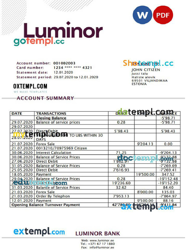 Doctempl - Estonia Luminor Bank statement template Word and PDF | PDF