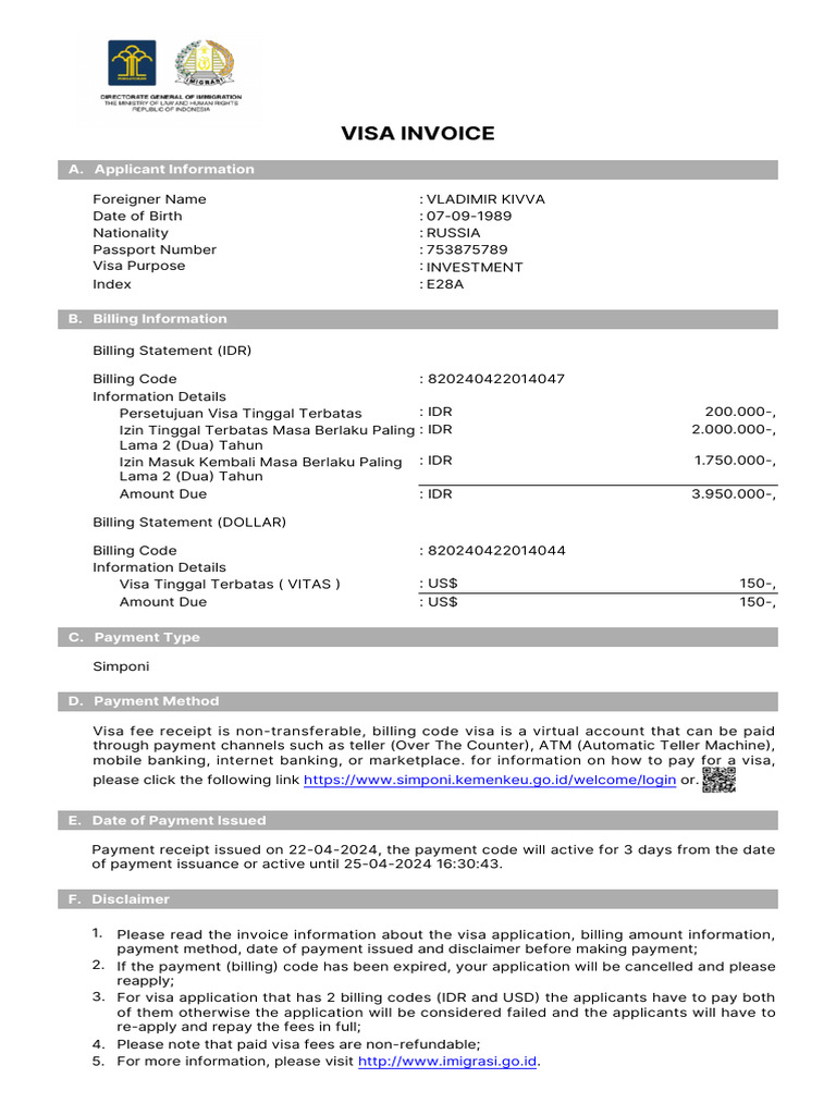 Invoice Vladimir Kivva | PDF | Visa Inc. | Payments