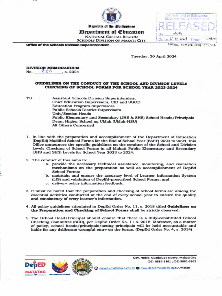 DM 228 Guidelines On The Conduct of The School and Division Levels ...