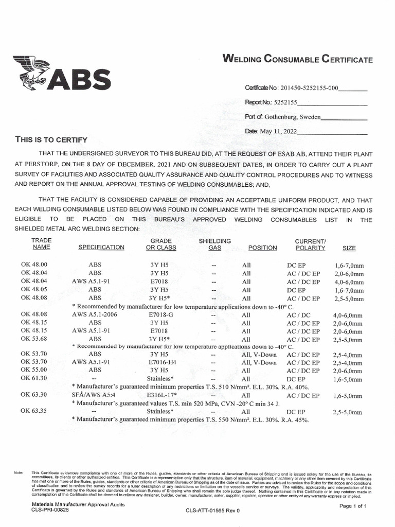 ABS Welding Consumables Certifictae | PDF
