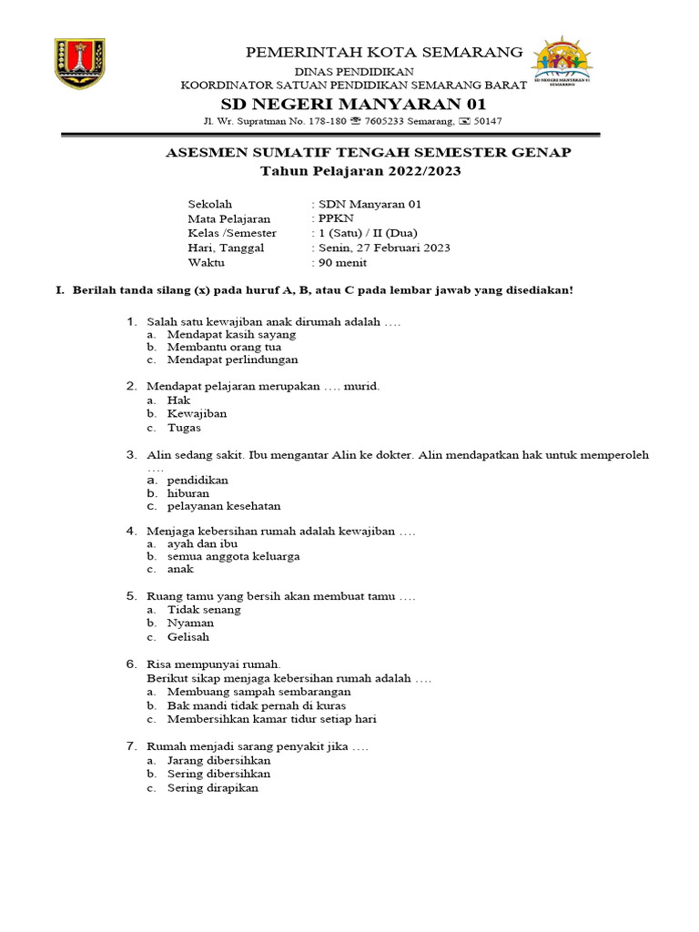Asesmen PPKN Kelas 1 SDN Manyaran 01 | PDF | Kesehatan Holistik