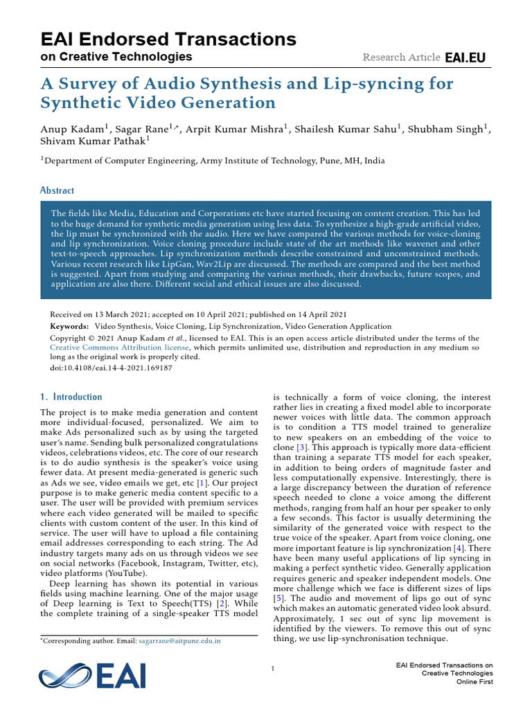 EAI Endorsed Transactions: A Survey of Audio Synthesis and Lip-Syncing For Synthetic Video ...