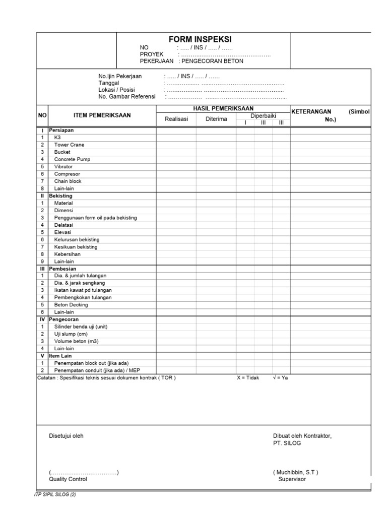 Contoh Form Inspeksi Pengecoran | PDF | Teknologi & Rekayasa