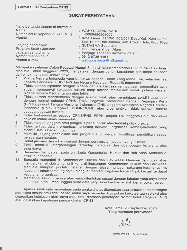 Surat Pernyataan - Wahyu Devia | PDF
