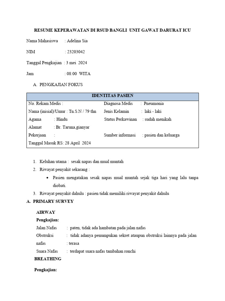 Resume Pneumonia Icu 2 Patrisia | PDF
